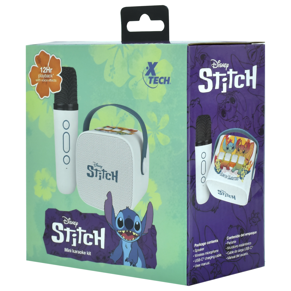 Caixa de Som Xtech XTS-D622ST Disney Stitch Mini Bluetooth / TF / Karaoke - Branco + Microfone ...